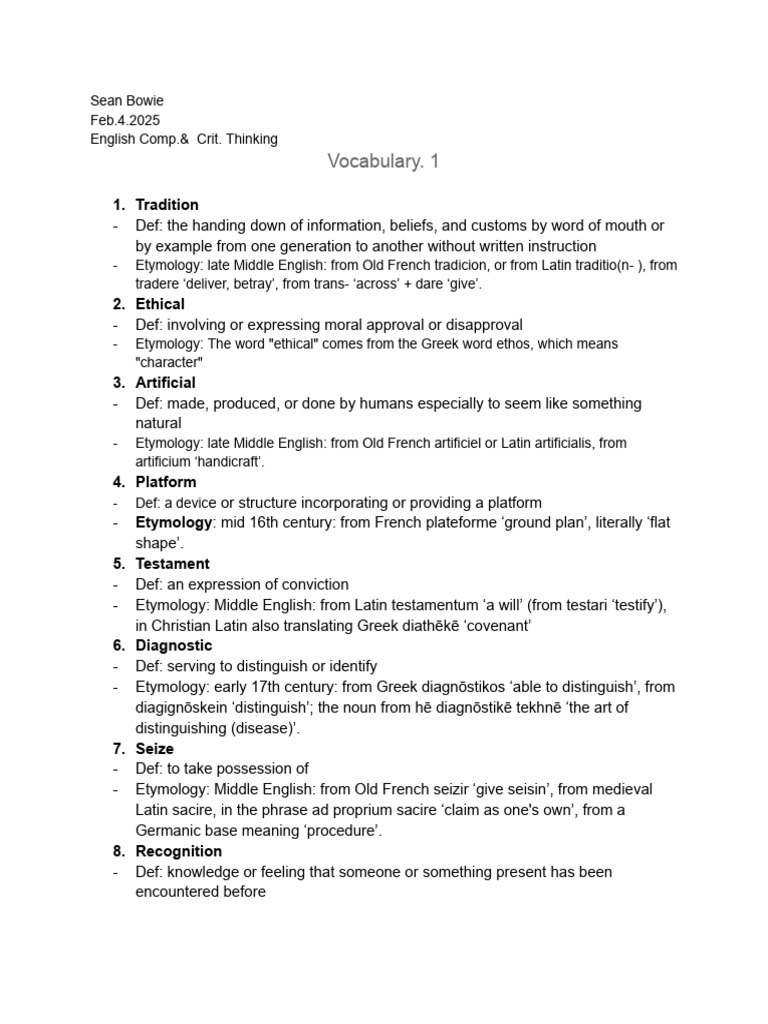 Q2. English. Comp. & Crit. Thinking - Vocabulary Assignment #1 - Sean ...