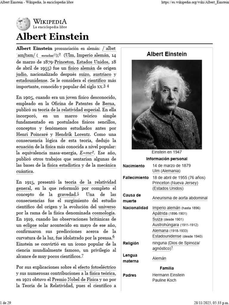 Albert Einstein - Wikipedia, La Enciclopedia Libre | PDF | Albert ...