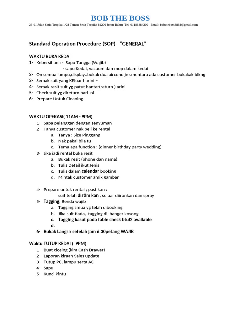 SOP Operasional Bob The Boss Kedai Sewa | PDF
