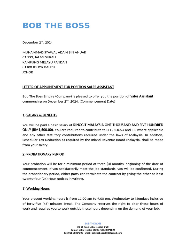 Surat Lantikan Kerja Adam | PDF | Industrial Relations | Economies