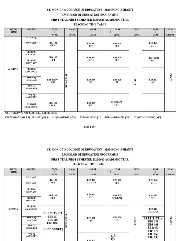 Year One First Semester Final Academic Time Table New | PDF | Liberal Arts Education
