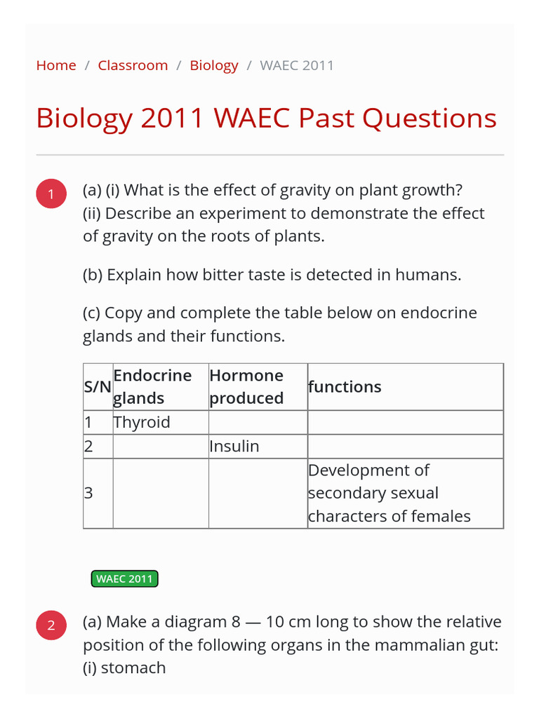 Biology 2011 WAEC Past Questions - Myschool | PDF | Endocrine System | Biology