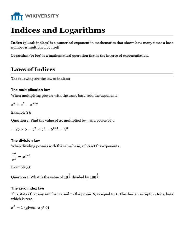 Indices and Logarithms - Wikiversity | PDF