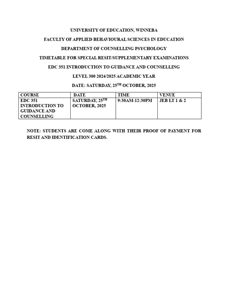 EDC 351 Resit Exam Timetable 2025 | PDF