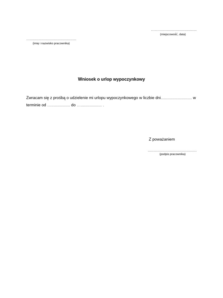 Wzór Wniosku o Urlop Wypoczynkowy | PDF