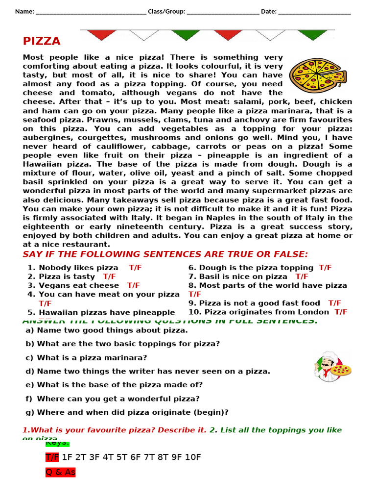 Rc Pizza Reading Comprehension Exercises 128019 | PDF | Pizza | Cooking