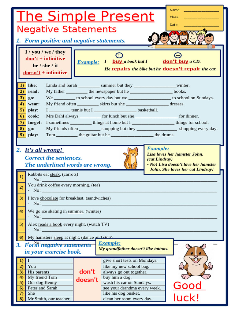 The Simple Present Negative Statements Grammar Drills 142159 | PDF