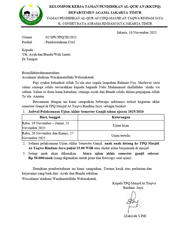 Pemberitahuan UAS TPQ Masjid At-Taqwa | PDF