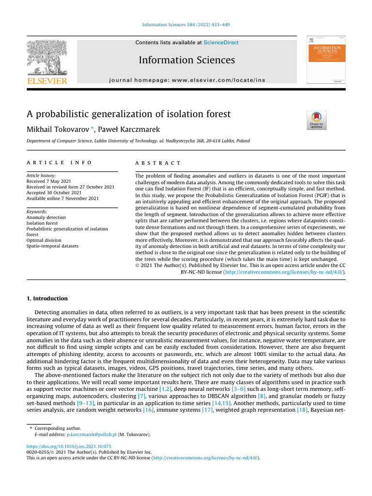 A Probabilistic Generalization of Isolation Forest | PDF | Cluster ...