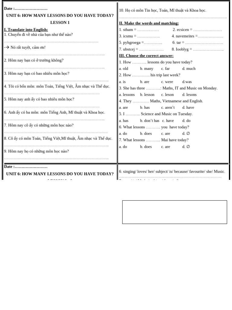 Date: Unit 6: How Many Lessons Do You Have Today? Lesson 1 I. Translate ...