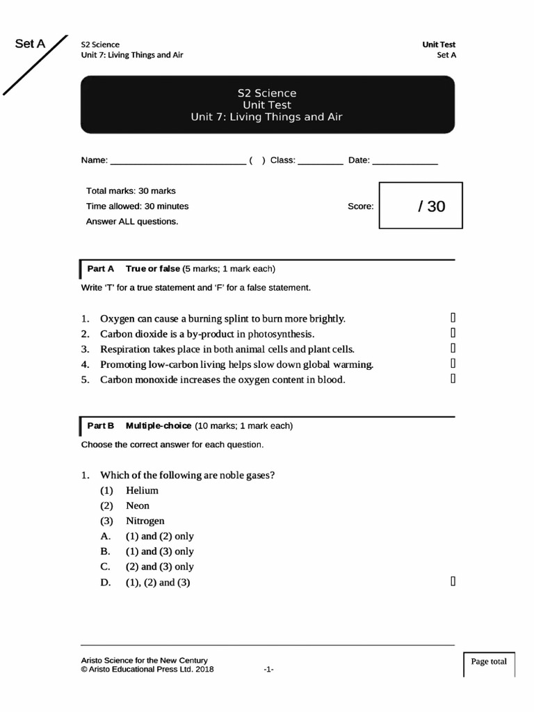 S2 Science Unit Test Unit 7 Living Things and Air | PDF