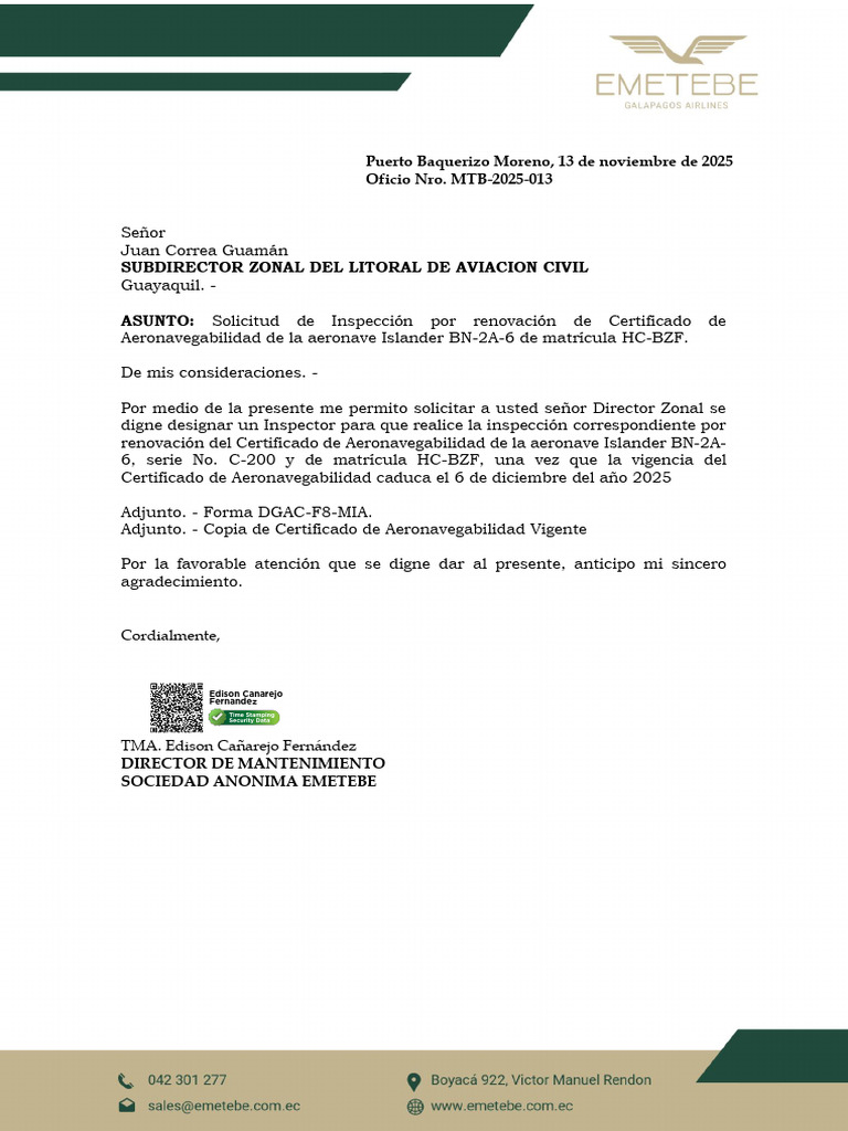 Oficio 013 Renovacion Certificado Air Hcbzf 2025 Signed | PDF