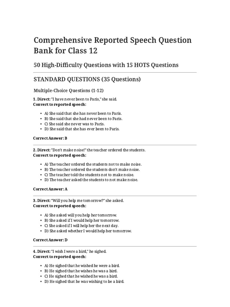 REPORTED SPEECH QUESTTION FOR CLASS 11 | PDF | Syntax | Grammar