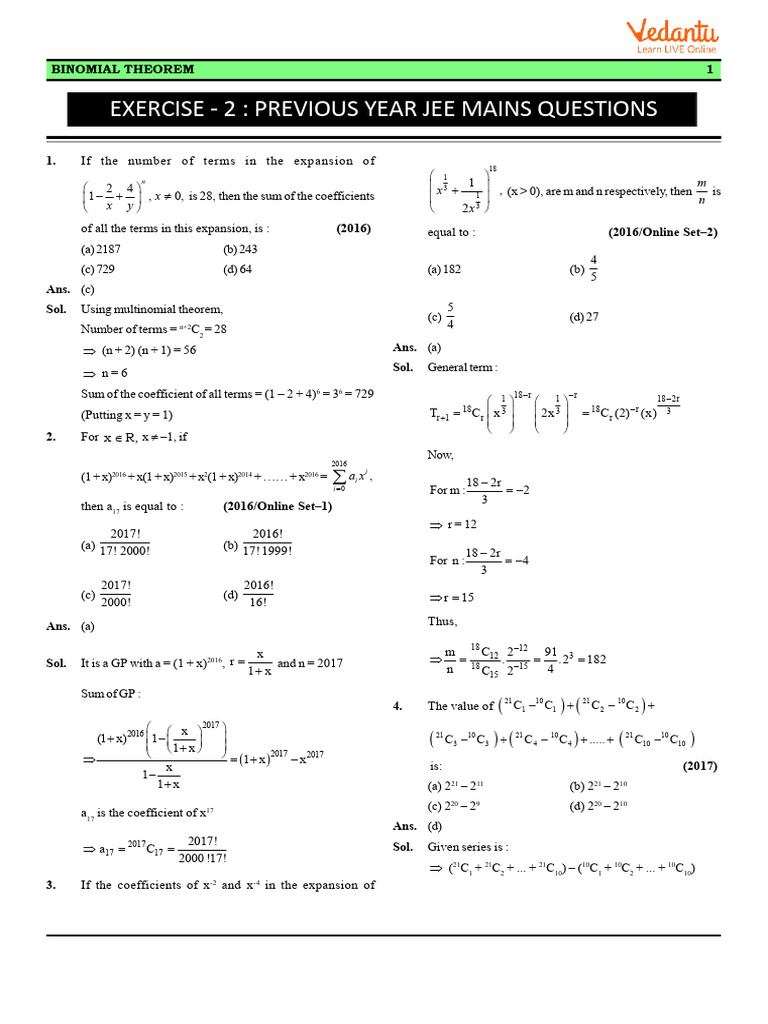 JEE Mains Binomial Theorem Exercises | PDF | Abstract Algebra ...