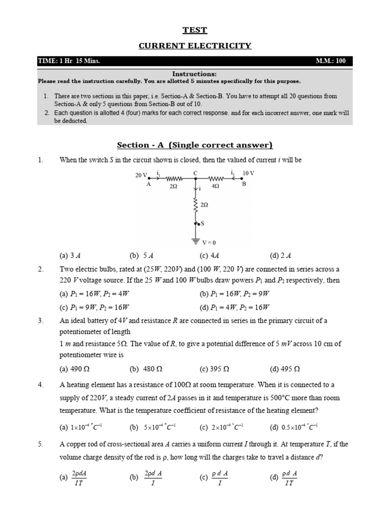 Current Electricity Test Paper | PDF | Series And Parallel Circuits ...