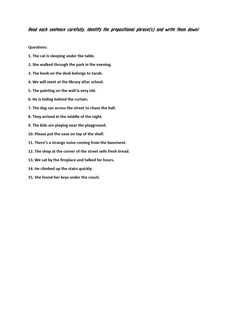 Identify Prepositional Phrases Exercise | PDF