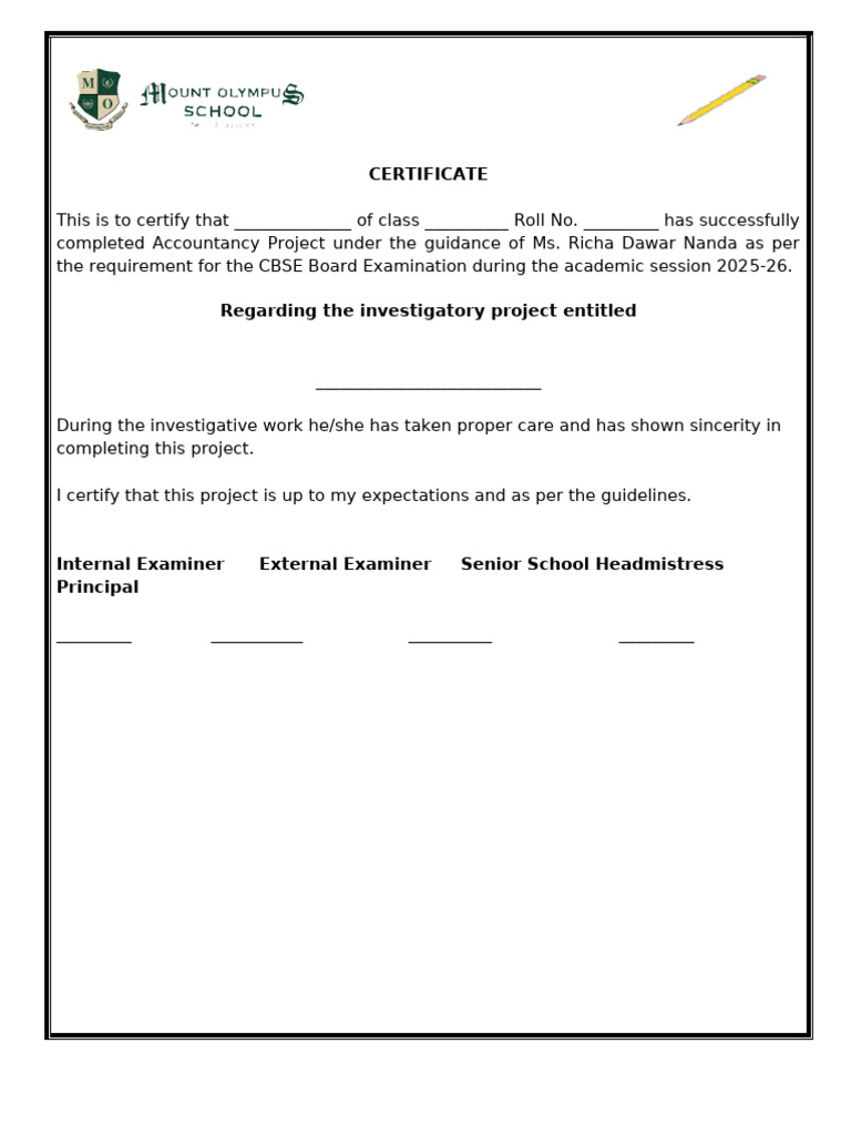 CBSE Accountancy Project Certificate | PDF