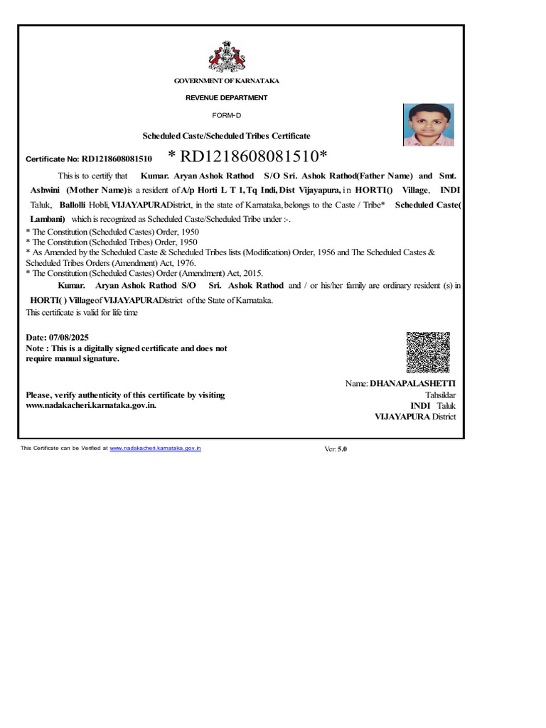 Karnataka SC/ST Certificate Verification | PDF