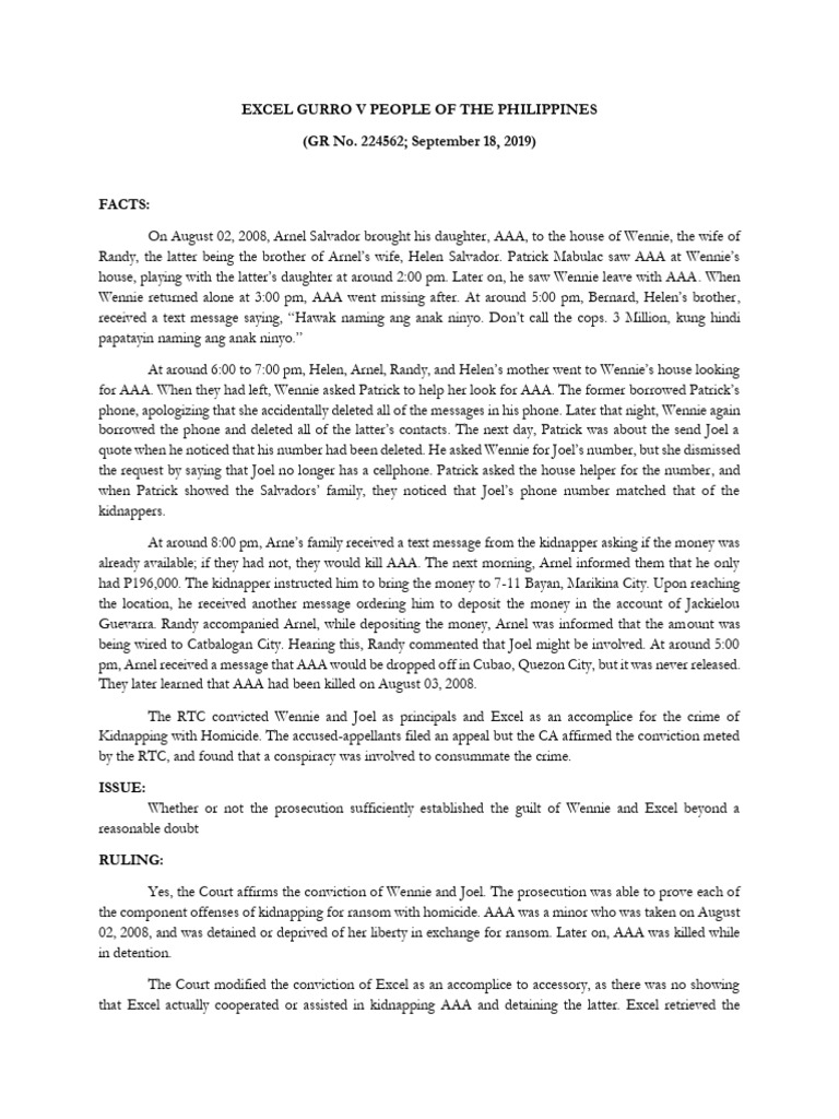 Excel Gurro v People of the Philippines | PDF | Kidnapping | Aiding And ...