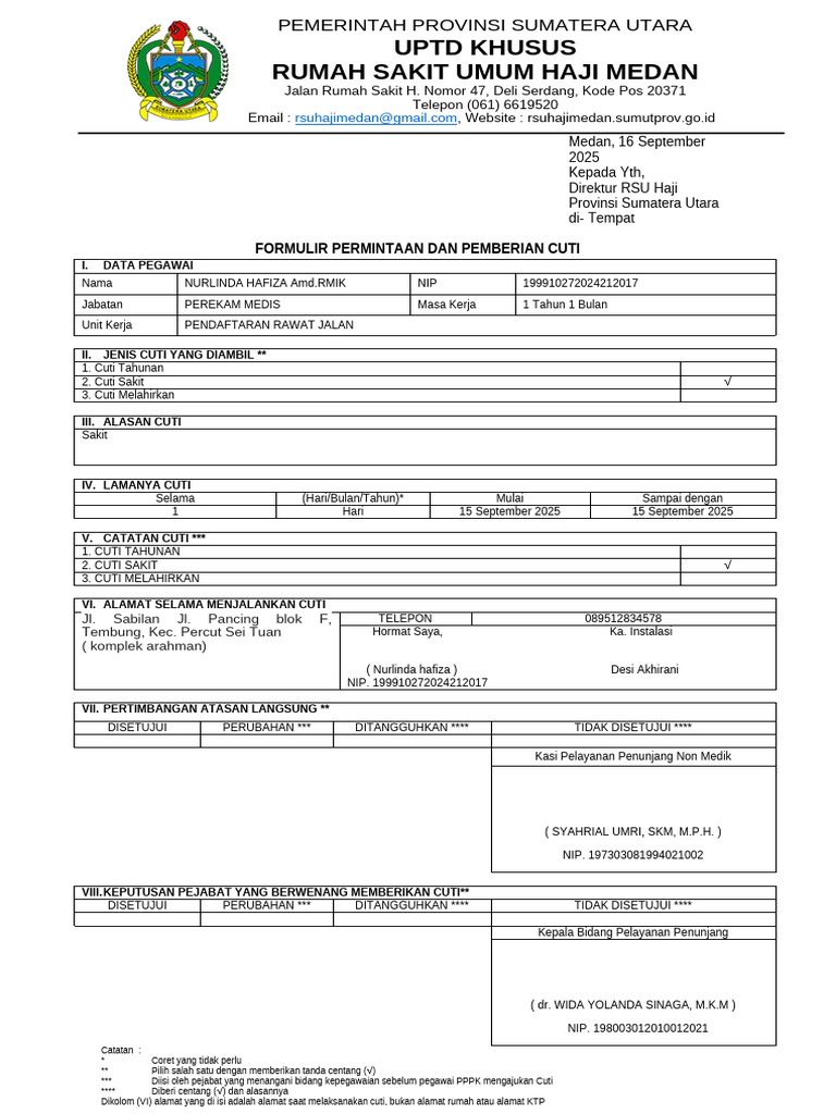 Permohonan Cuti Sakit Nurlinda Hafiza | PDF