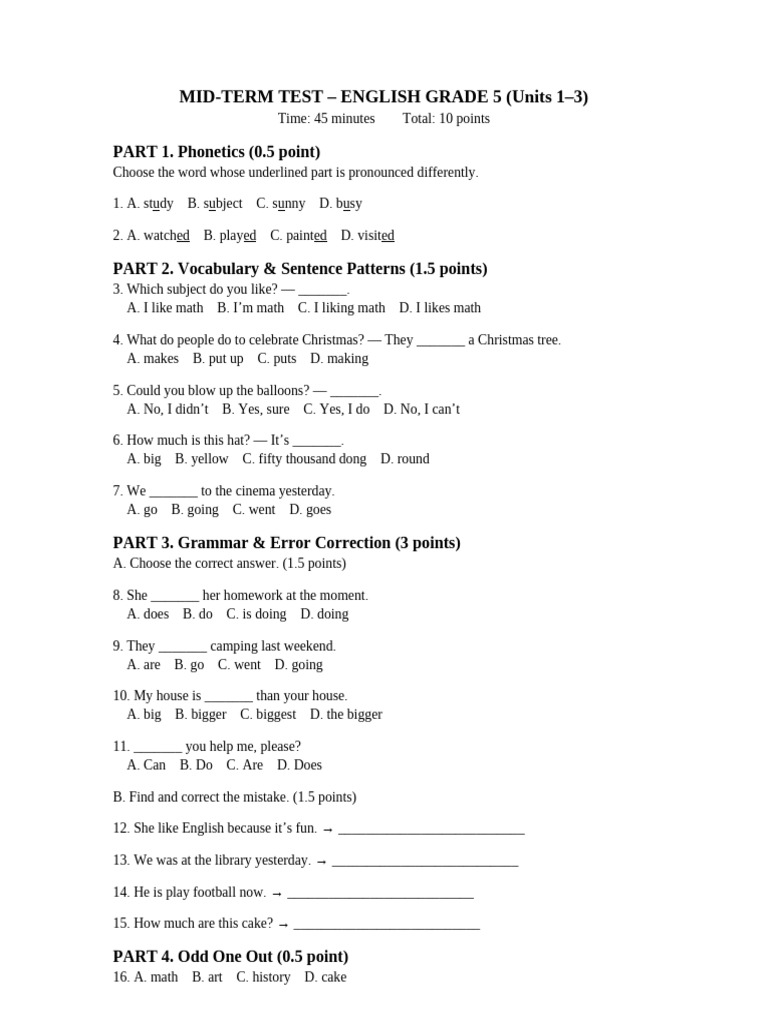 Grade 5 English Mid-Term Test Units 1-3 | PDF
