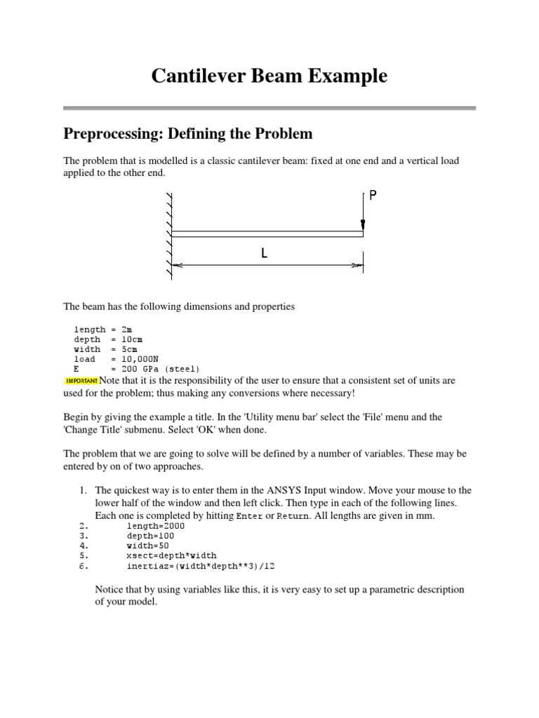 Cantilever Beam Example: Preprocessing: Defining The Problem | PDF ...