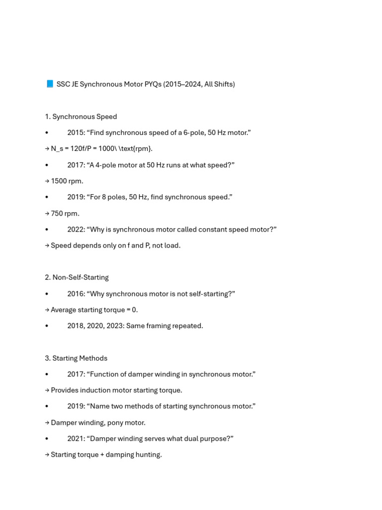 ? SSC JE Synchronous Motor PYQs | PDF | Capacitor | Magnetic Devices
