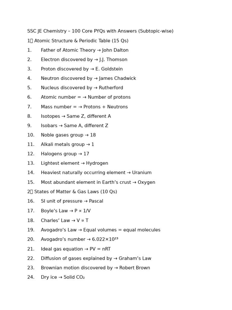 SSC JE Chemistry | PDF | Acid | Chemical Elements