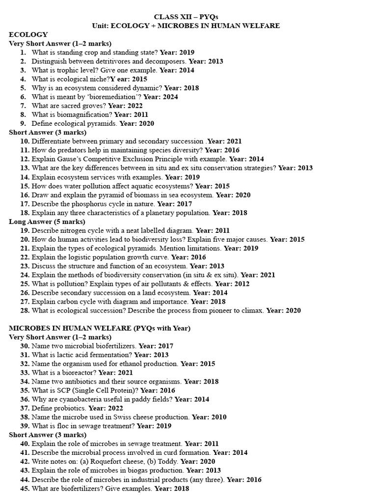 CLASS XII Ecology & Microbes in Human Welfare | PDF | Ecology ...