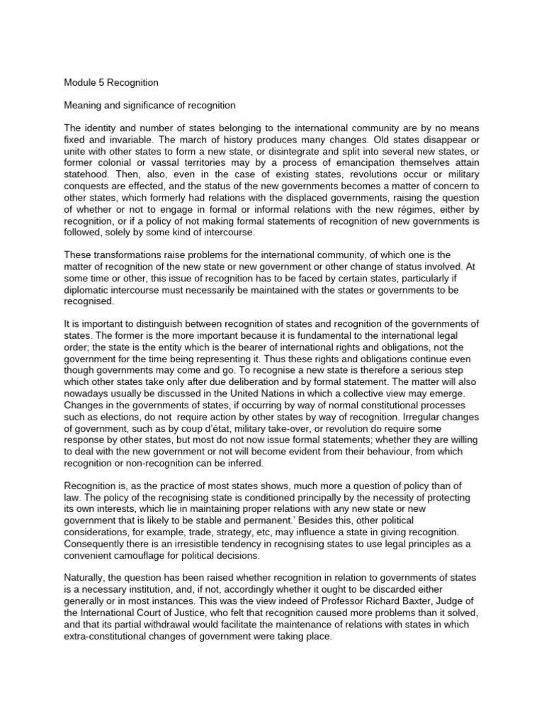 Module 5 Recognition | PDF | Sovereign State | International Law