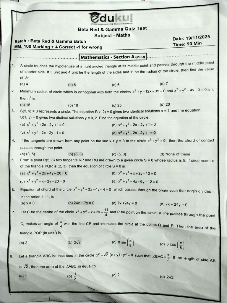 Beta Red & Gamma Quiz Test Math 19-11 | PDF | Circle | Elementary ...