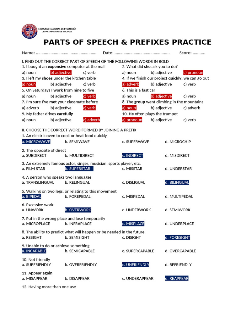 Part of Speech Prefixes Answers | PDF | Verb | Adjective