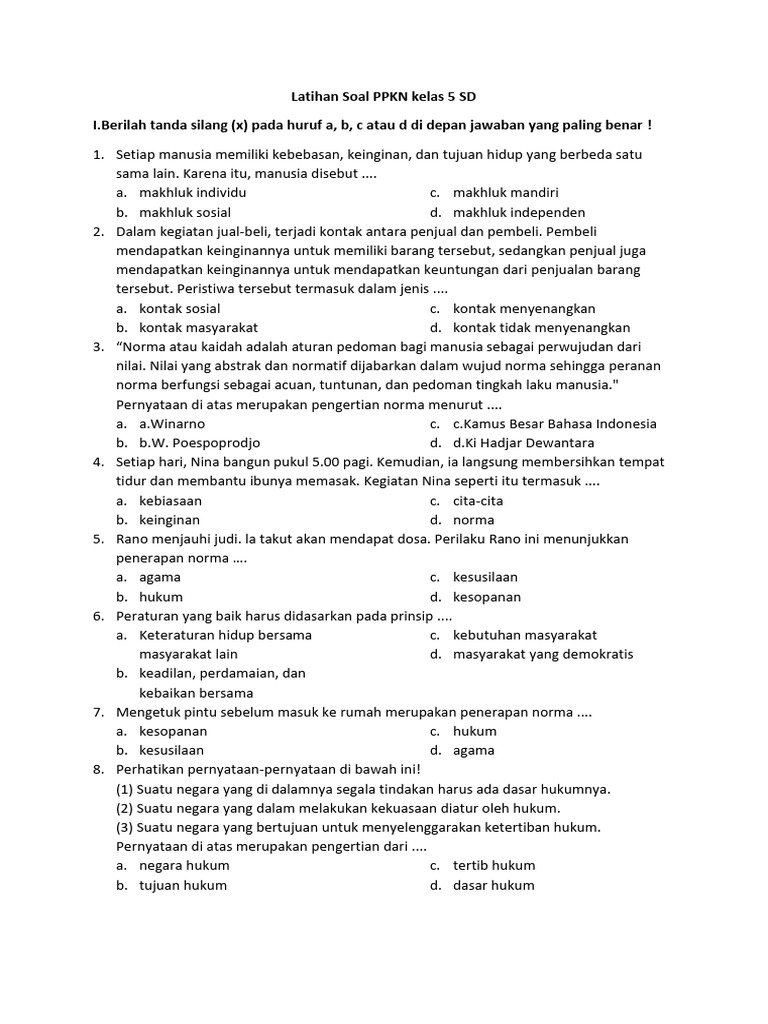 Latihan Soal PPKN Kelas 5 SD | PDF