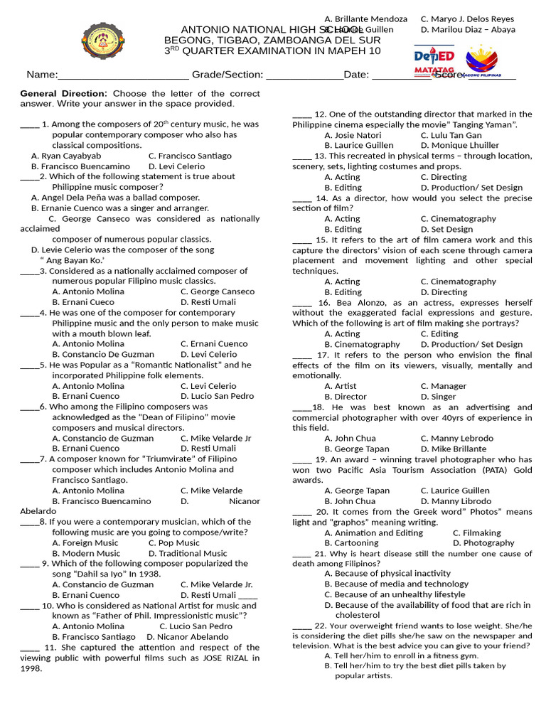 Mapeh 10 3rd Grading Tq Final | PDF | Tuberculosis | Vaccines