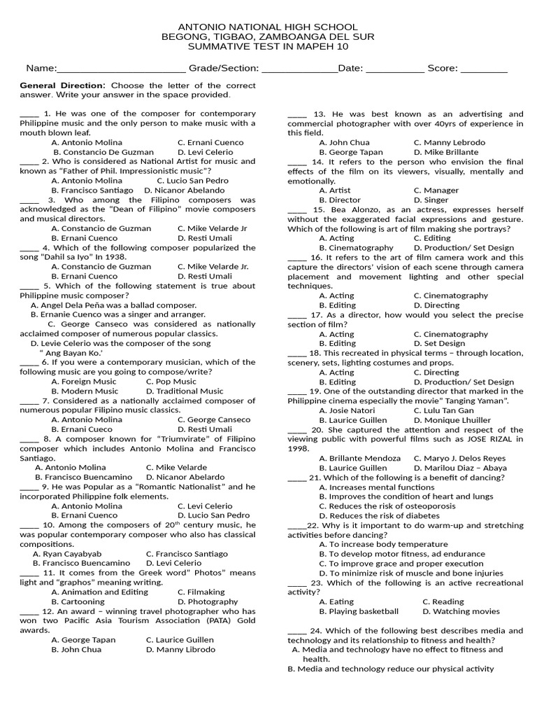 Mapeh 10 3rd Grading Tq | PDF | Tuberculosis | Vaccines