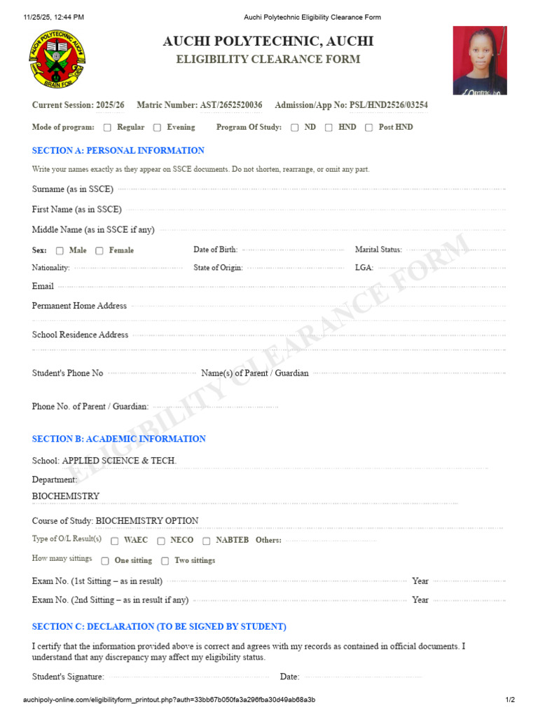 Clearance Form: Auchi Polytechnic, Auchi | PDF | Qualifications ...