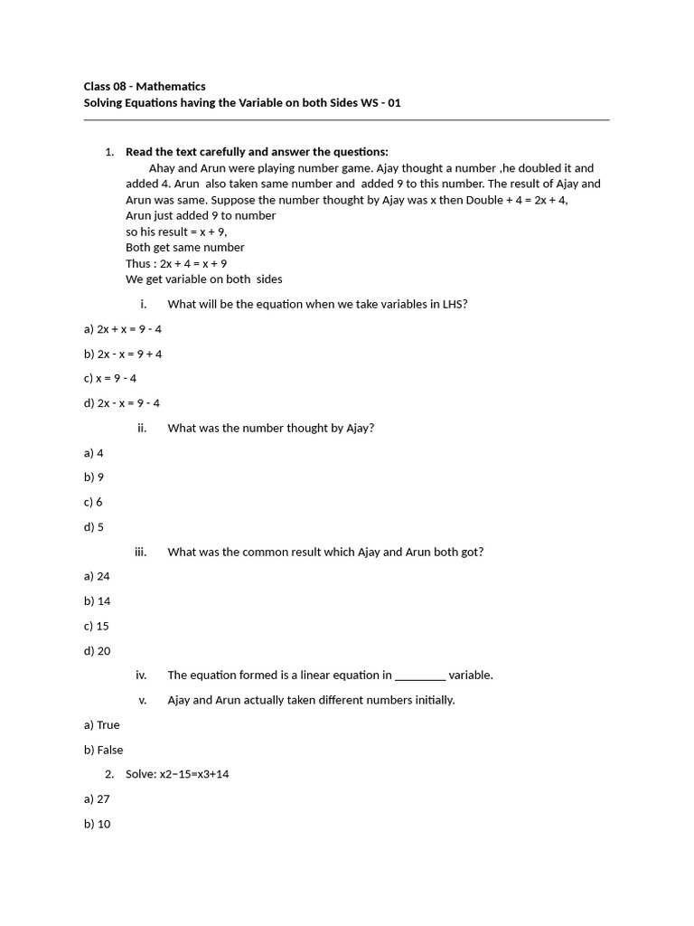 Class 08 Linear Equation in One Variable | PDF | Equations | Mathematics