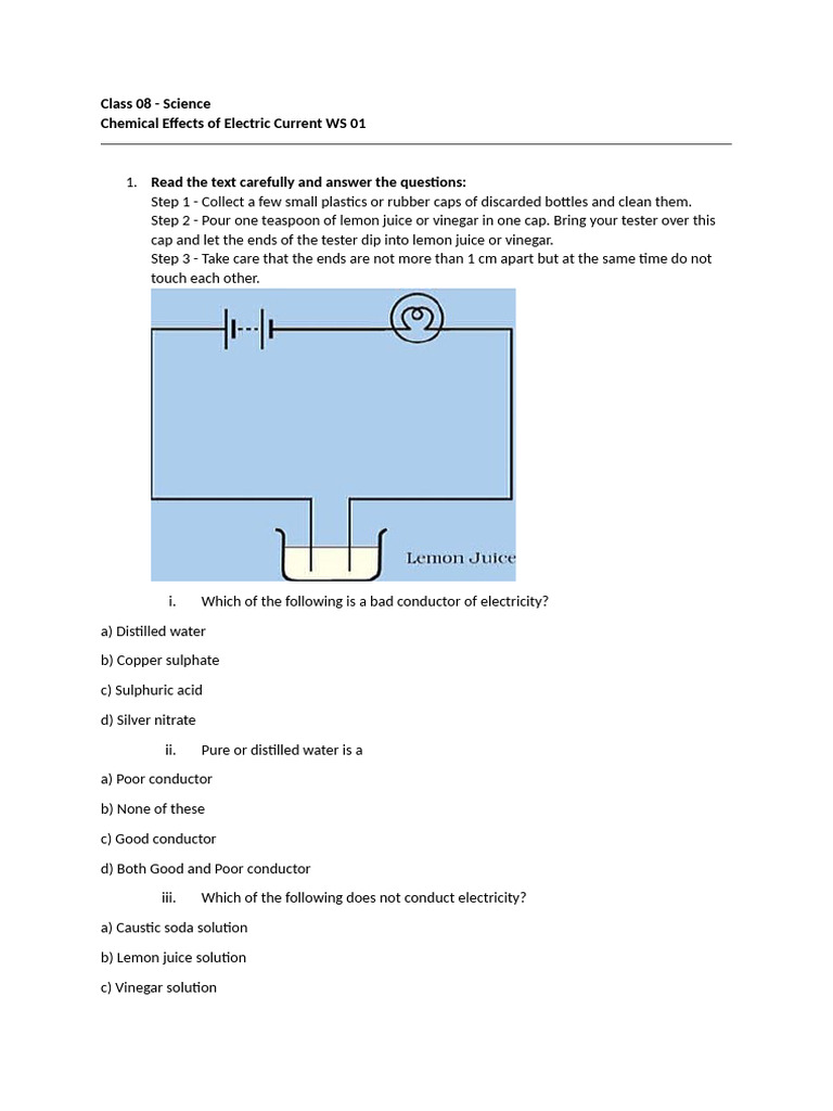 Chemical Effects of Electric Current Worksheet | PDF | Electric Current ...
