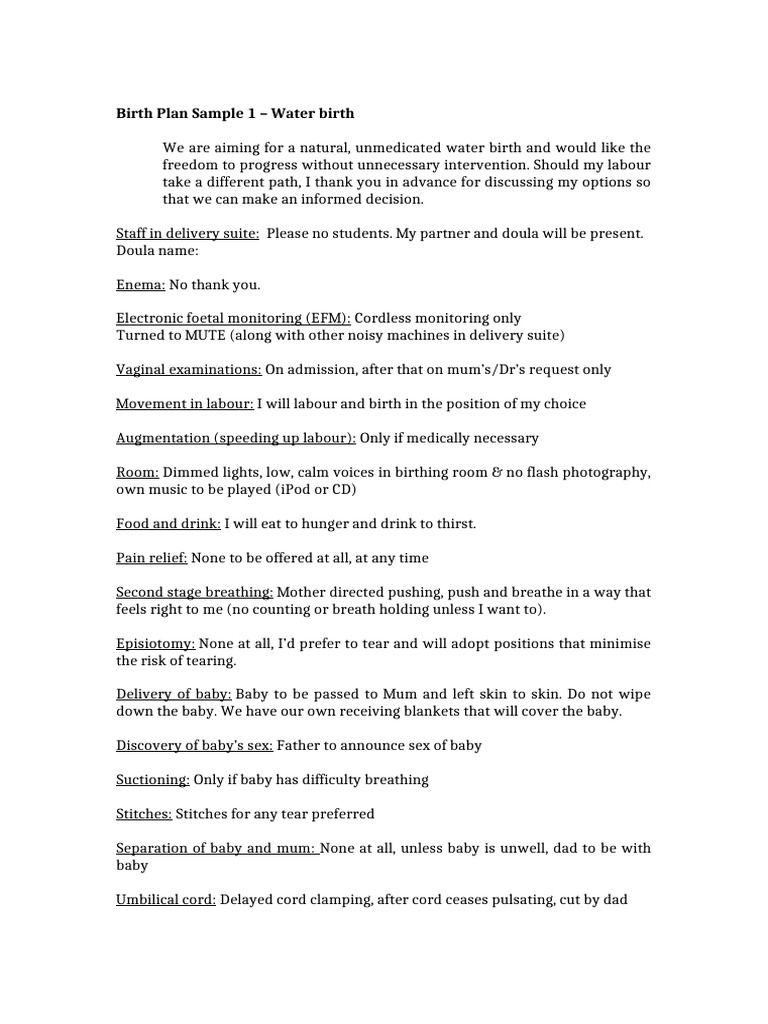 Birth Plan Sample 1 Water Birth A | PDF | Childbirth | Caesarean Section
