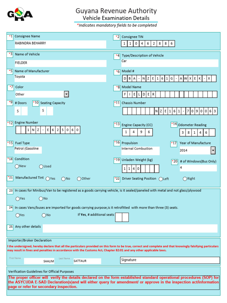 Guyana Vehicle Examination Form Details | PDF | Van | Motor Vehicle