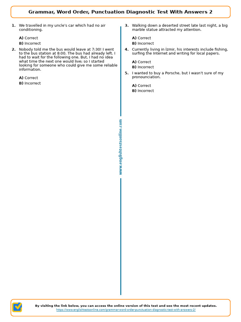 618 Grammar Word Order Punctuation Diagnostic Test With Answers 2 ...