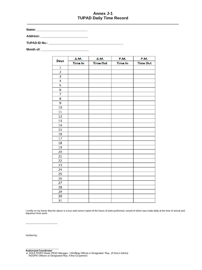Updated 1 Column Annex J 1 Tupad 2025 DTR Copy 1 | PDF