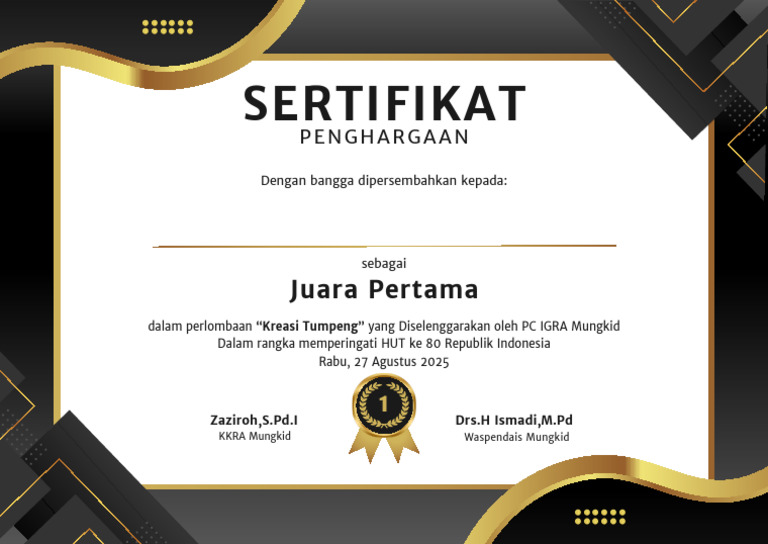 Hitam Emas Gradasi Modern Sertifikat Penghargaan Juara Lomba | PDF