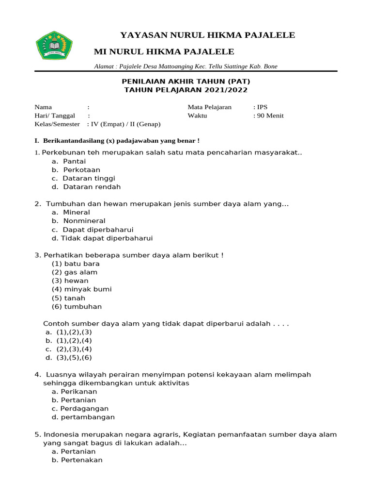 PAT IPS Kelas IV Yayasan Nurul Hikma | PDF