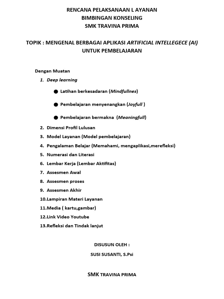 Rencana Pelaksanaan Layanan (RPL) Bimbingan Konseling SMK Travina Prima ...