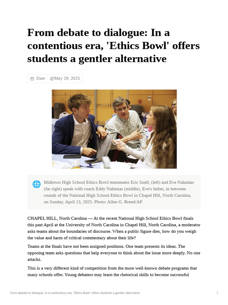 From Debate to Dialogue in a Contentious Era, 'Ethics Bowl' Offers ...