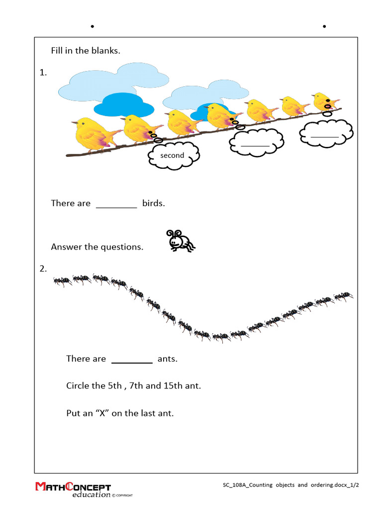 Counting and Ordering Objects Worksheet | PDF