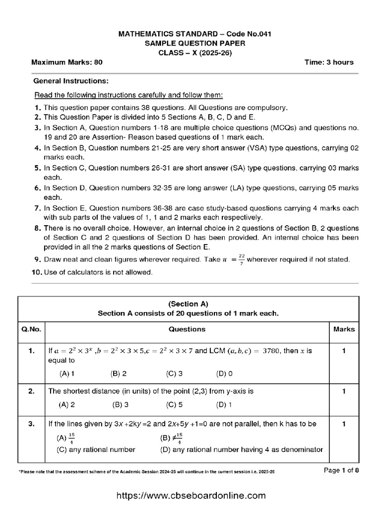 Cbse Class 10 Model Paper Mathematics Standard 041 2026 | PDF