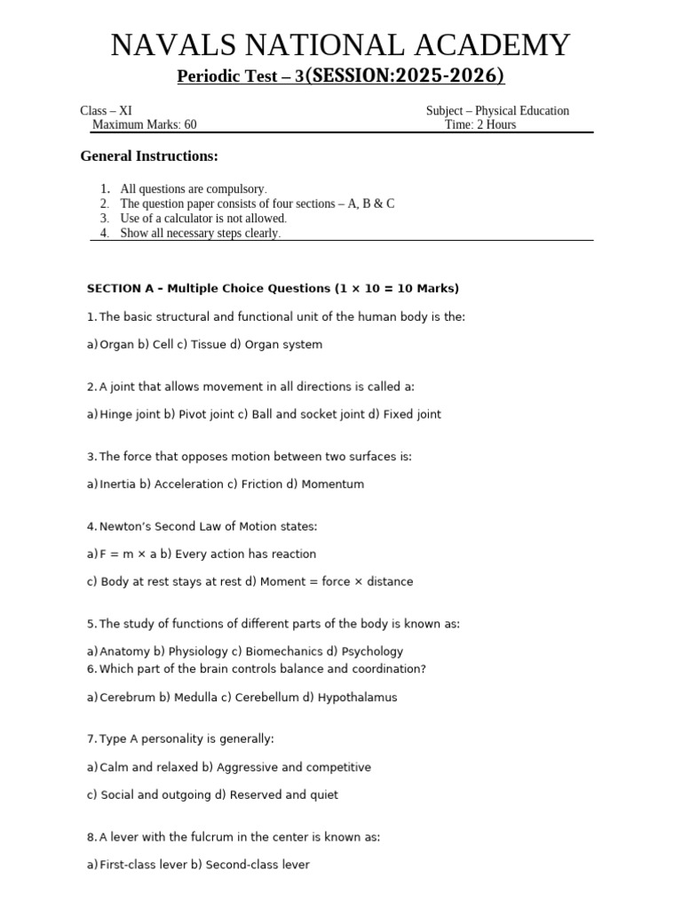 Class XI Physical Education Test Paper | PDF | Lever | Central Nervous ...
