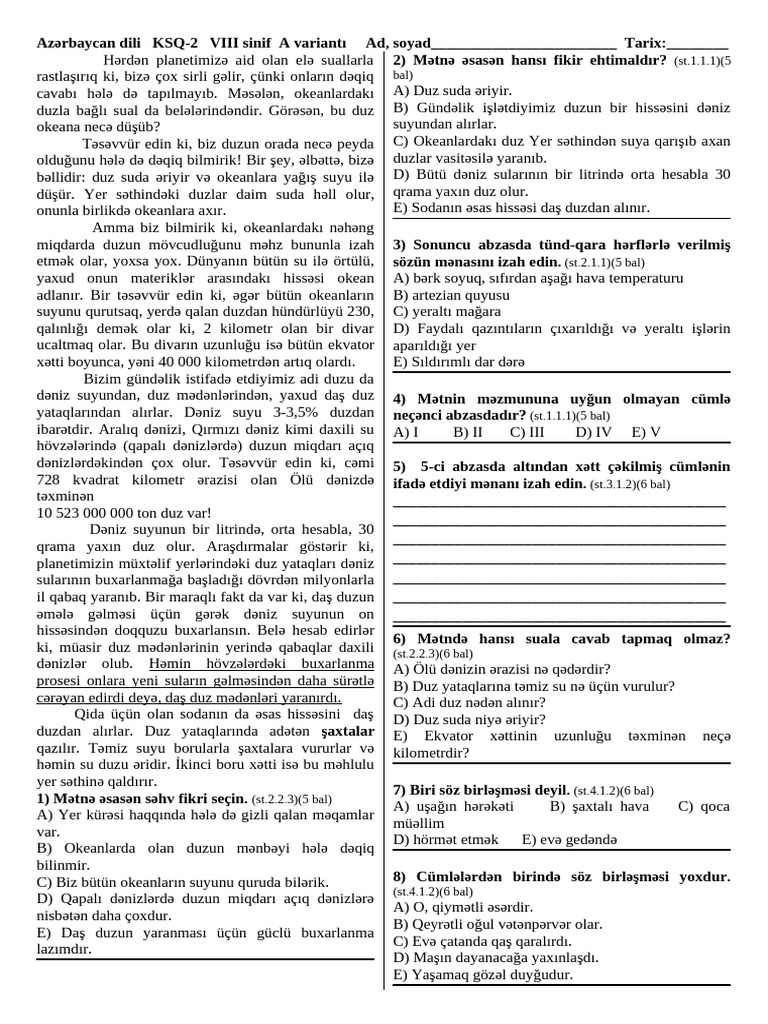 Azərbaycan Dili VIII Sinif KSQ-2 A Variantı 2024-2025 | PDF